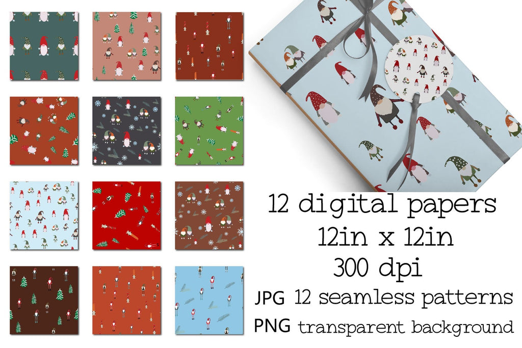 Christmas gnome digital paper- JPG, PNG - So Fontsy