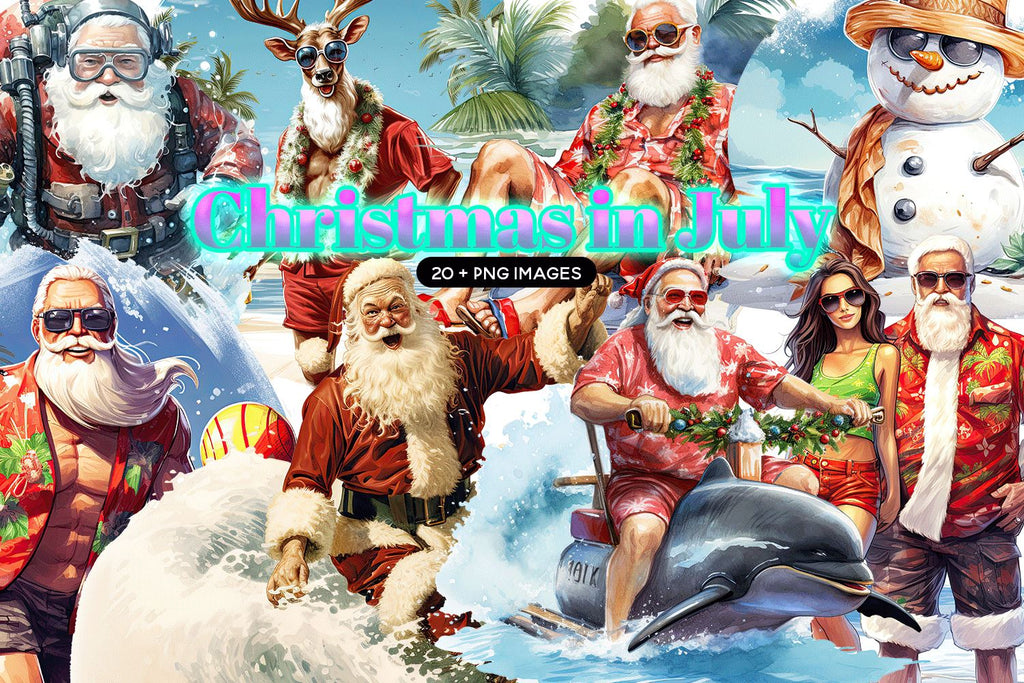 Christmas in July Clipart, Santa On The Beach Bundle - So Fontsy