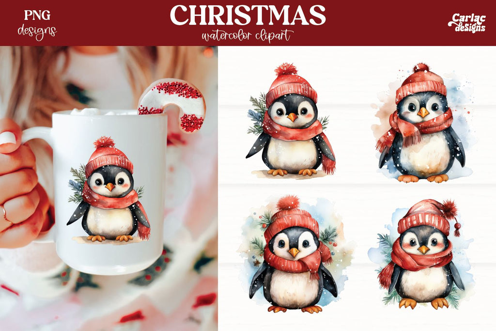 Christmas Penguin Clipart | Christmas Watercolor Clipart - So Fontsy