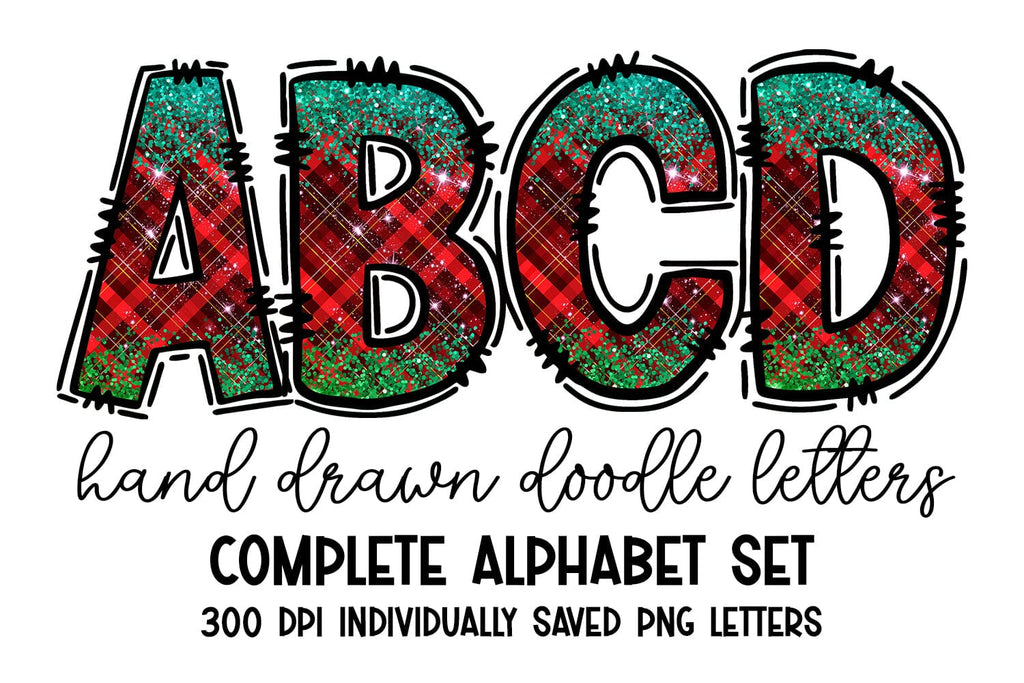Christmas Plaid Doodle Letters Alphabet Set - So Fontsy