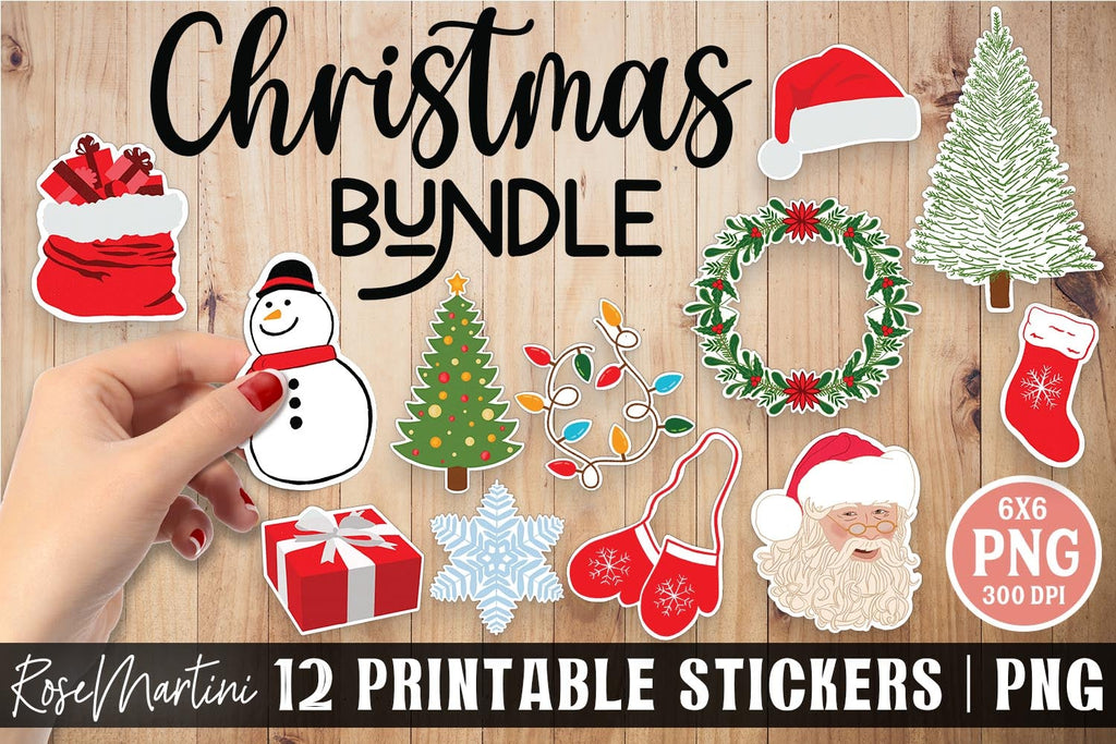 Christmas Stickers Bundle PNG Hand drawn Stickers Print Then Cut Winter ...