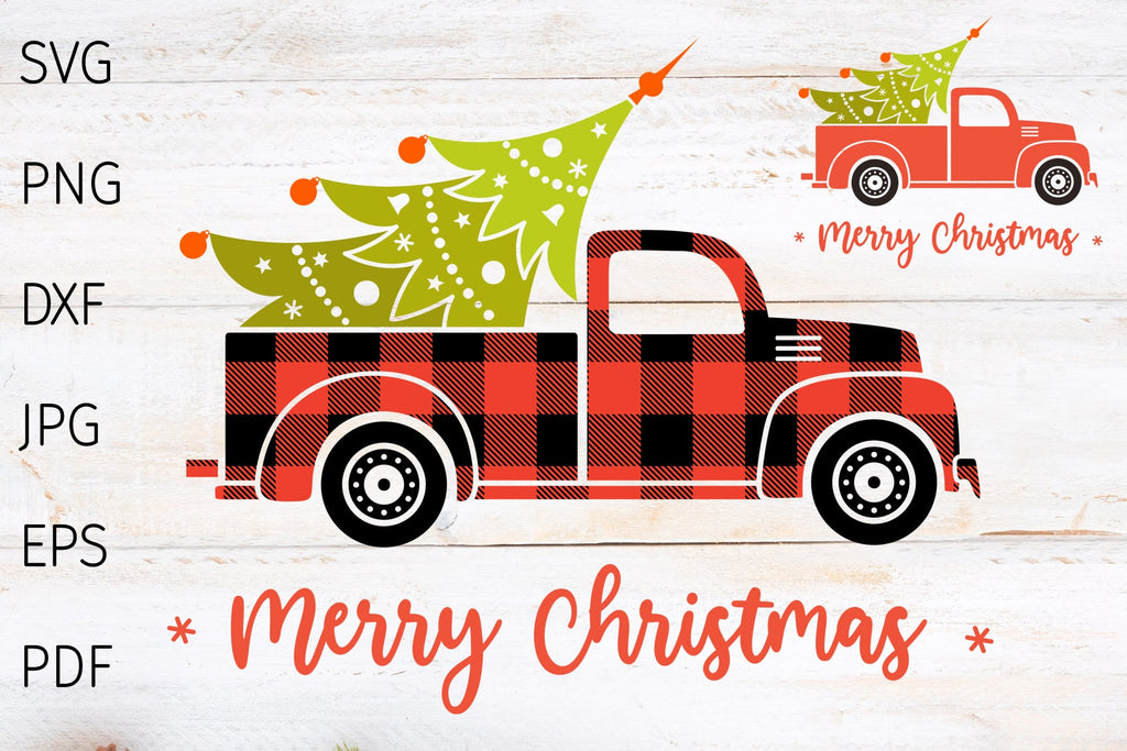 Christmas truck svg, red truck with Christmas tree and buffalo plaid ...