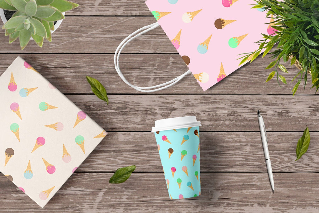 Colorful ice cream waffle cones seamless pattern. Ice cream digital ...