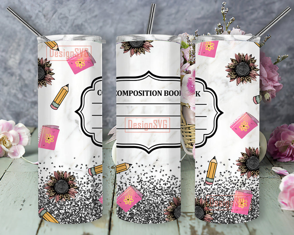 Composition Book Glitter 20oz Tumbler Wrap, Teacher Pencil Design Png ...