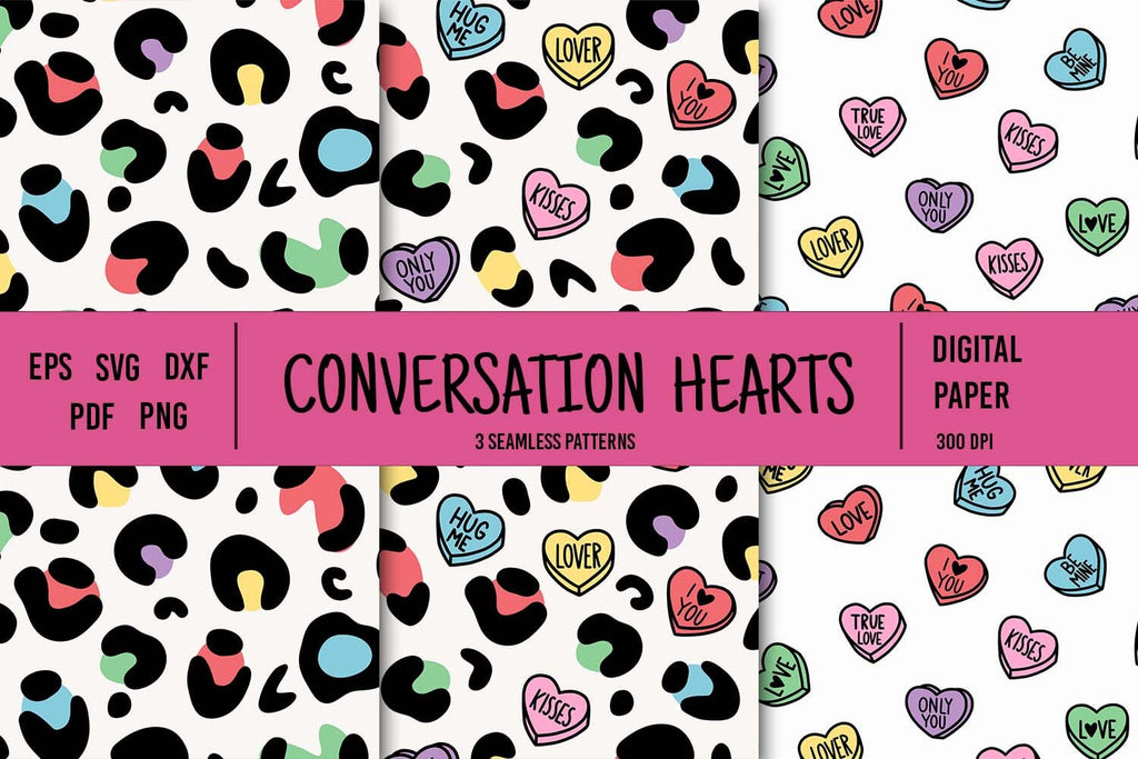 Conversation Hearts Digital Paper | Valentines leopard print - So Fontsy