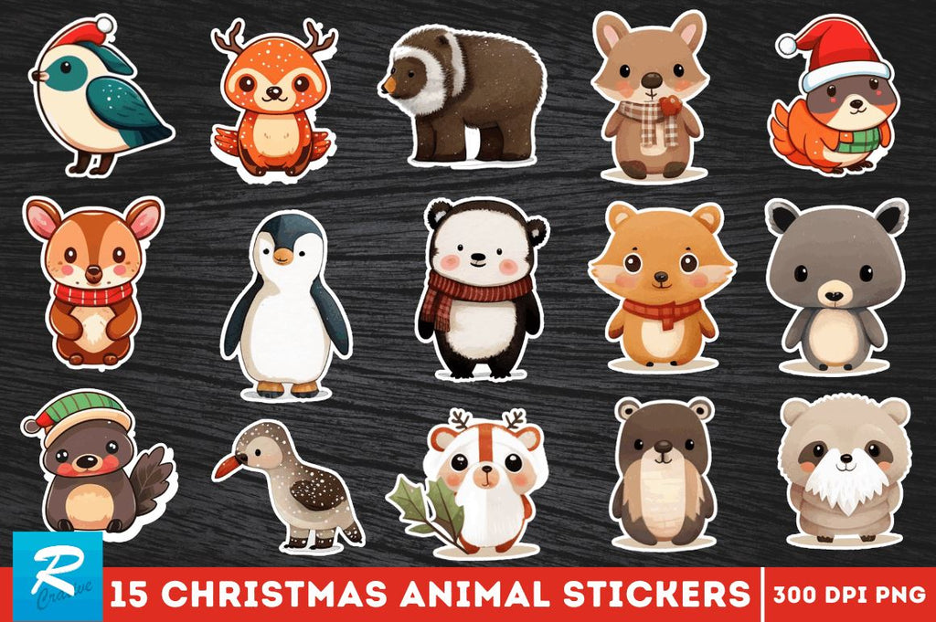 Cute Christmas animal Stickers Bundle - So Fontsy