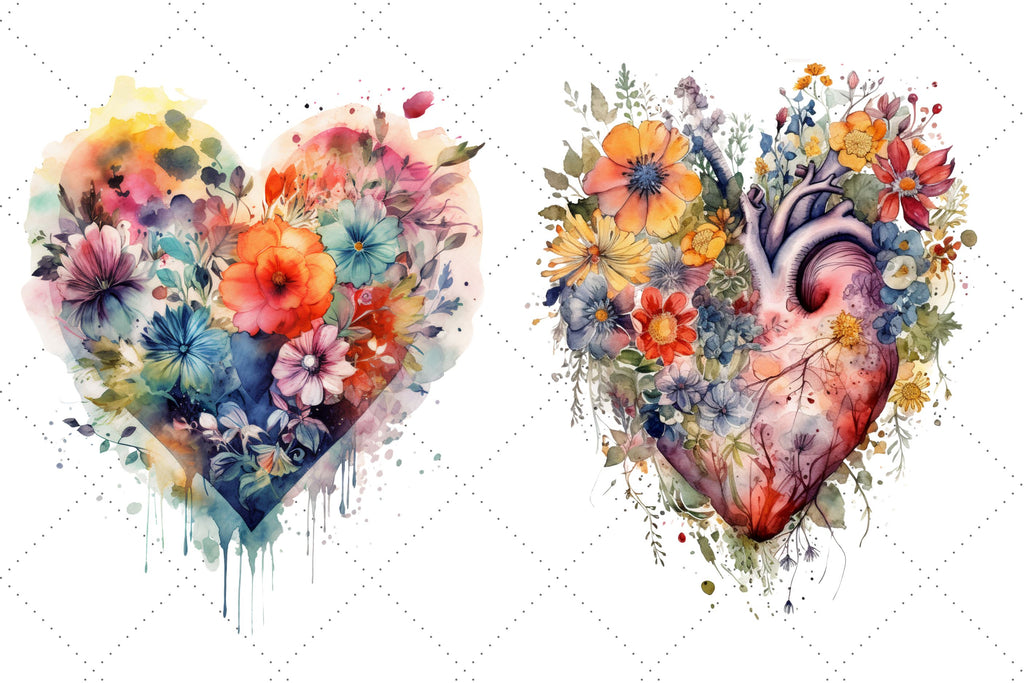 Cute Floral Heart Watercolor Clipart Bundle, Sublimation, Floral Heart ...