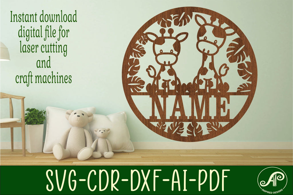 Cute Giraffe Name sign svg laser cut template, door or wall - So Fontsy