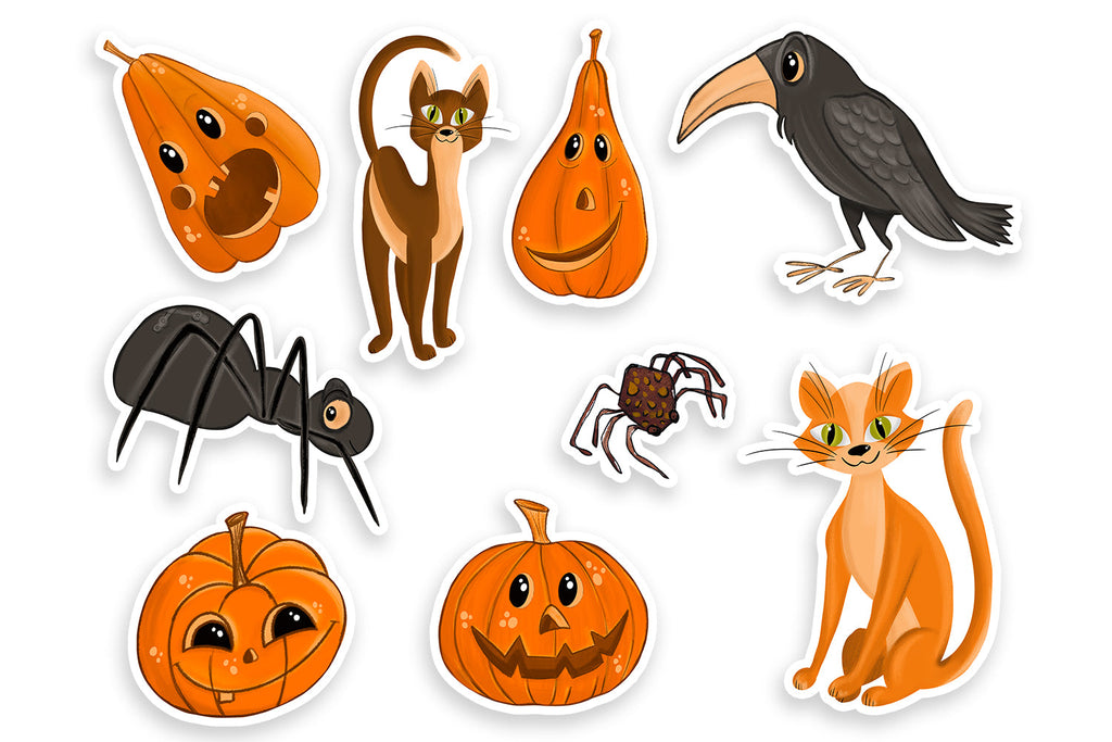 Cute Halloween stickers, cat, Pumpkin, raven, spider - So Fontsy