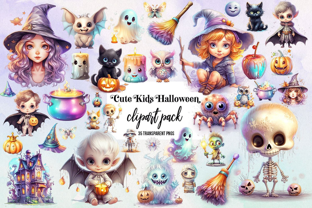 Cute Kids Halloween Clipart Bundle, 35 Transparent PNG's - So Fontsy