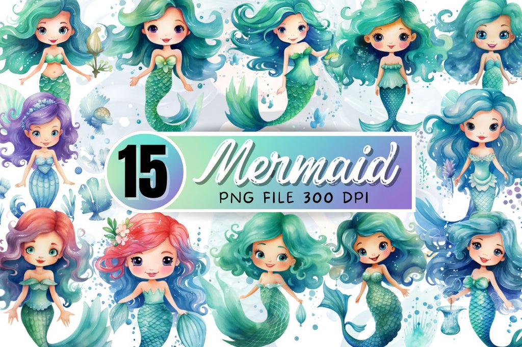 Cute Mermaid Watercolor Clipart Bundle - So Fontsy