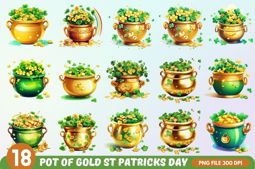 Cute Pot of Gold St Patricks Day Clipart Bundle - So Fontsy