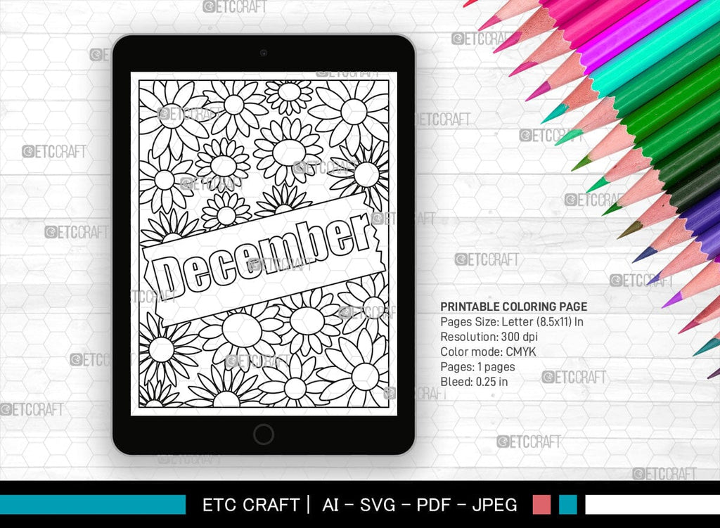 December Month Printable Coloring Page Cut File, PDF Colouring Book ...