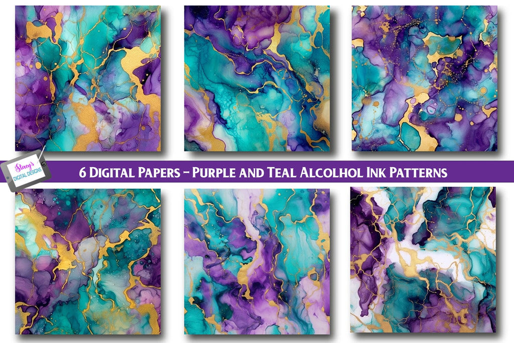 Digital Papers | 6 Purple and Teal Alcohol Ink Patterns - So Fontsy