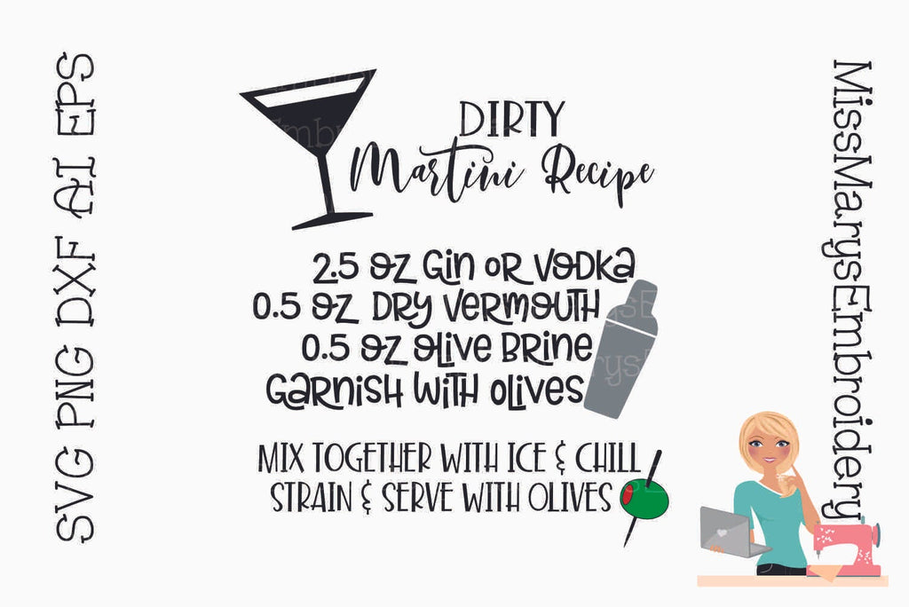 Dirty Martini Recipe SVG | Cocktail Recipe SVG - So Fontsy