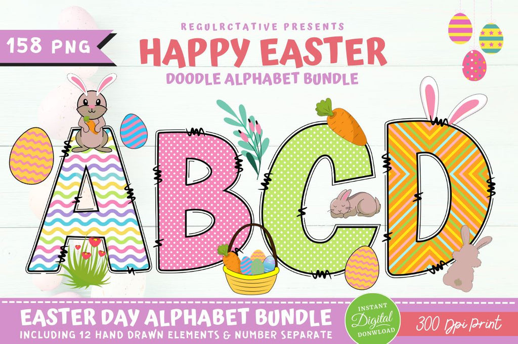Easter Doodle Alphabet with Hand Drawn Numbers & Clipart - So Fontsy