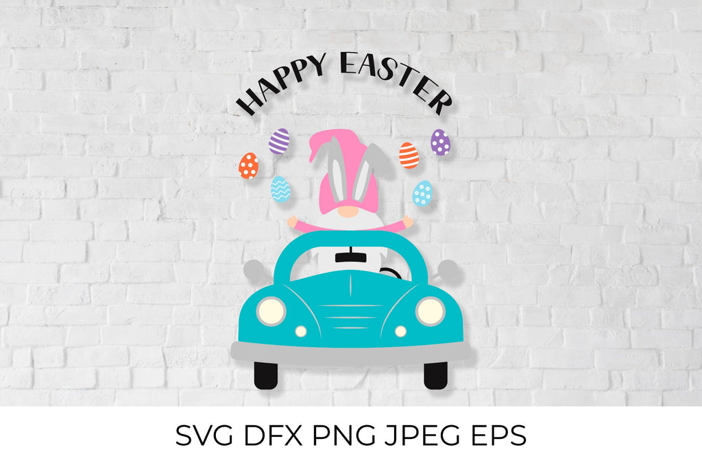 Easter retro car with cute gnome SVG - So Fontsy