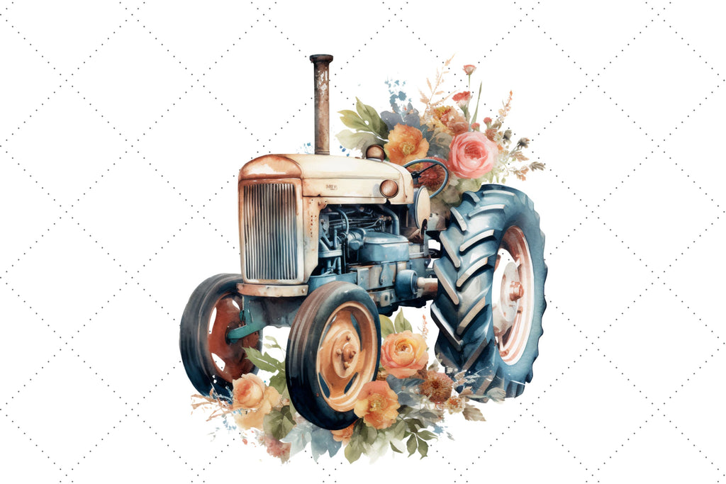 Farm Tractor Floral Watercolor Clipart Bundle - So Fontsy