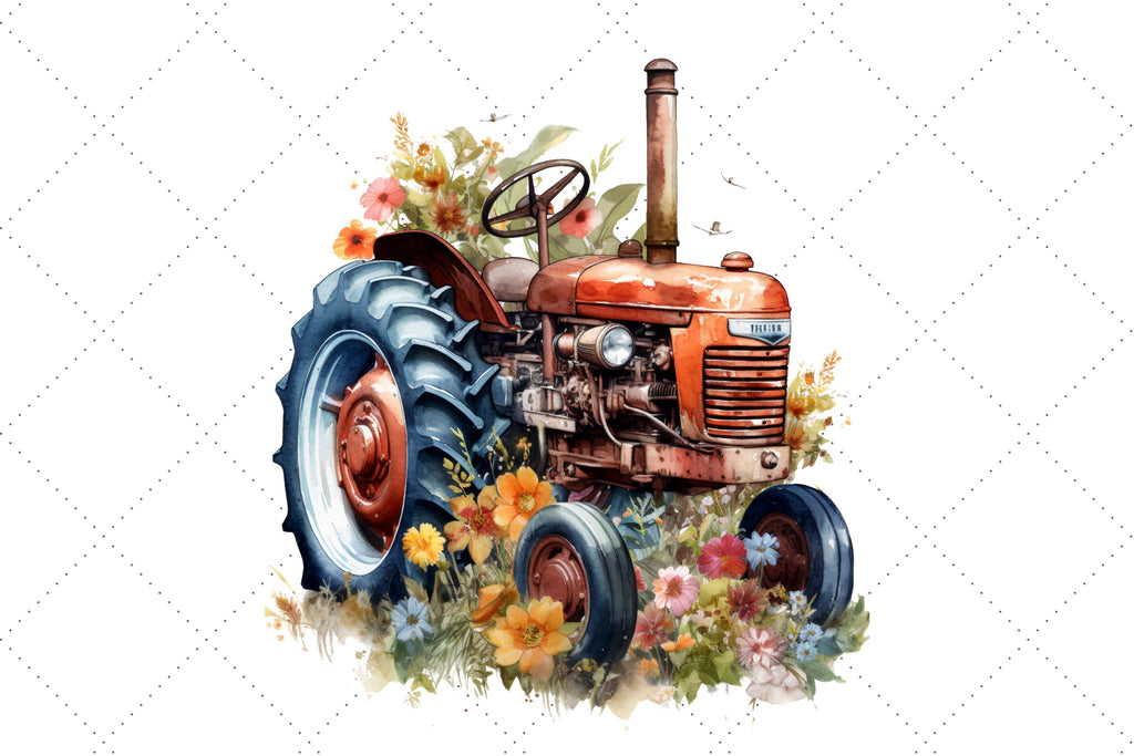 Farm Tractor Floral Watercolor Clipart Bundle - So Fontsy