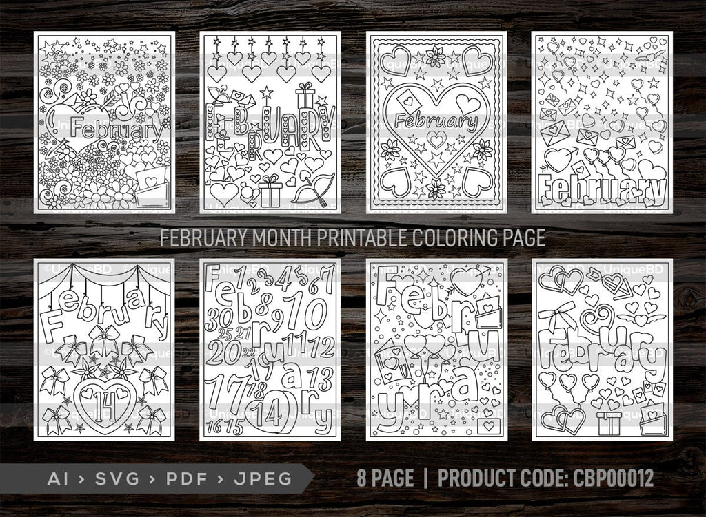 February Month Printable Coloring Page Bundle, PDF Colouring Book ...