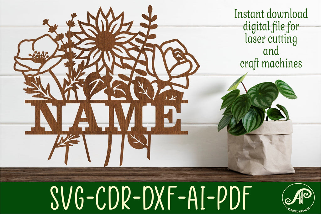 Floral bouquet Name sign svg laser cut template - So Fontsy