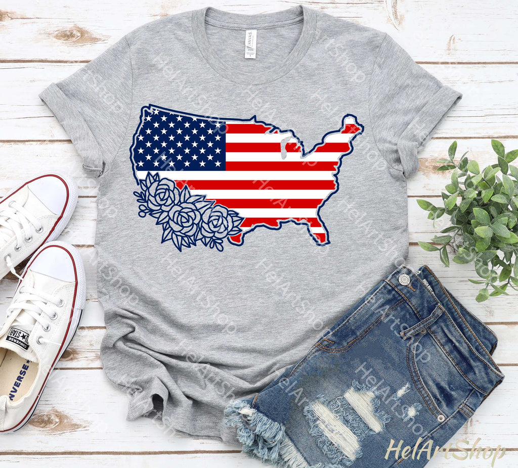 Floral USA Map Svg, American Flag SVG, 4th of July Svg - So Fontsy