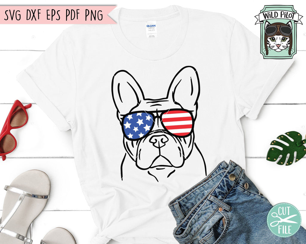 July 4th American Flag French Bulldog Sunglasses SVG Cut File - So Fontsy
