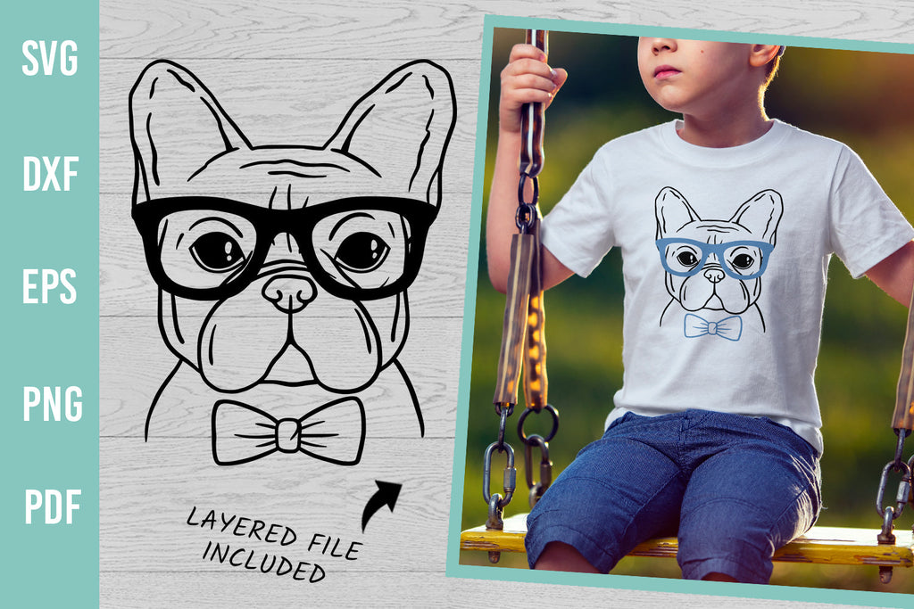 French Bulldog with Bowtie and Glasses SVG | Hand Drawn Dog - So Fontsy