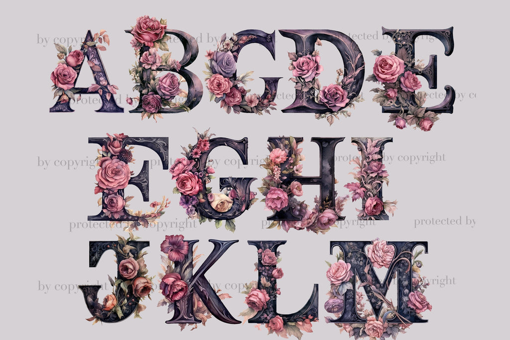 Gothic Flowers Alphabet | Watercolor Floral Clip Art Bundle - So Fontsy