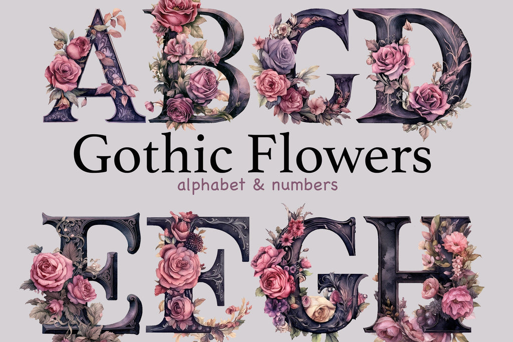 Gothic Flowers Alphabet | Watercolor Floral Clip Art Bundle - So Fontsy