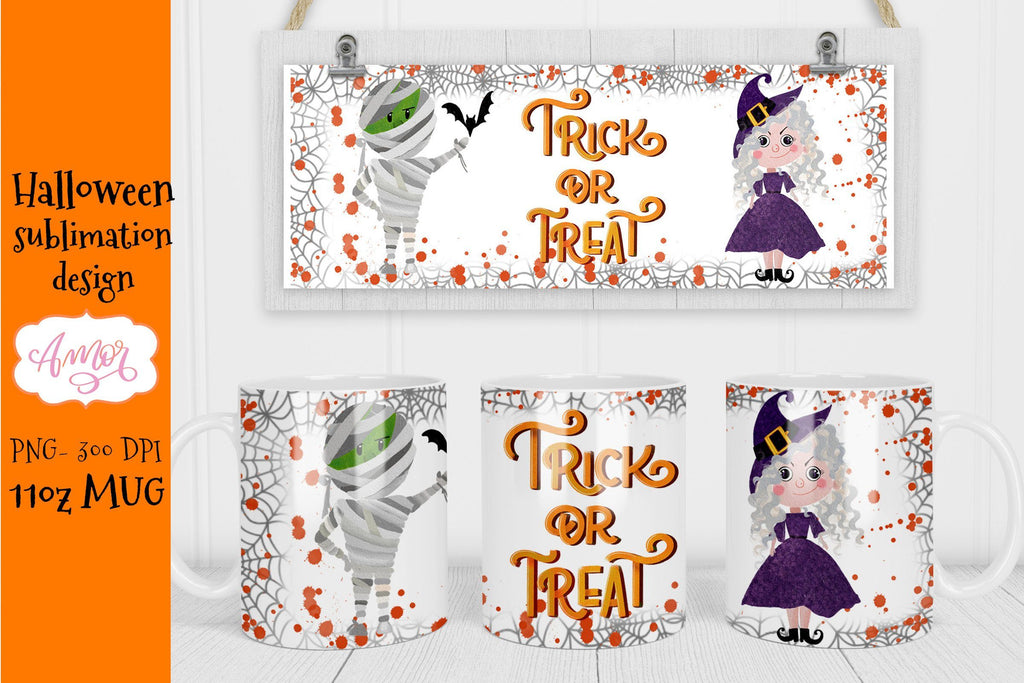 Halloween mug sublimation design, mummy and witch png - So Fontsy