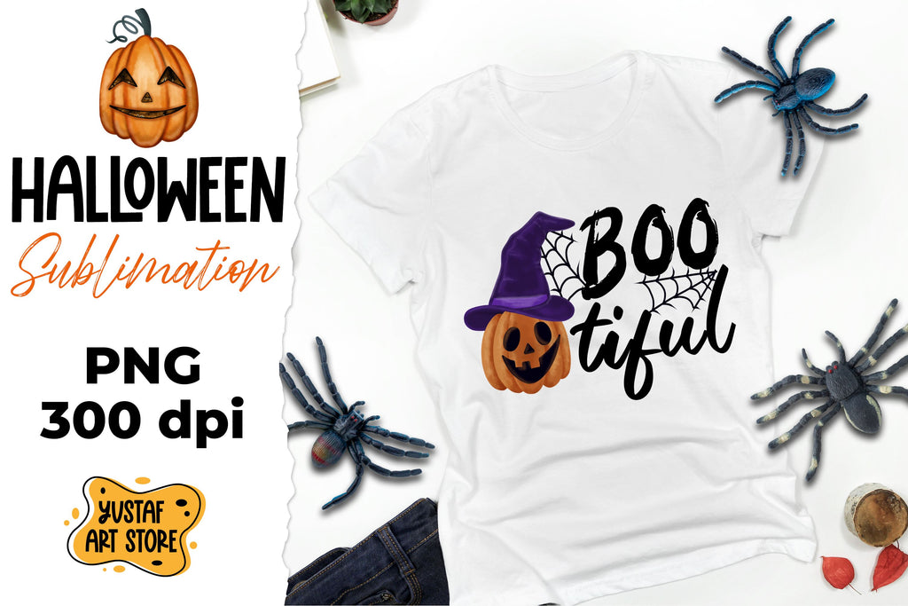 Halloween sublimation, watercolor pumpkin and "BOOtiful" - So Fontsy