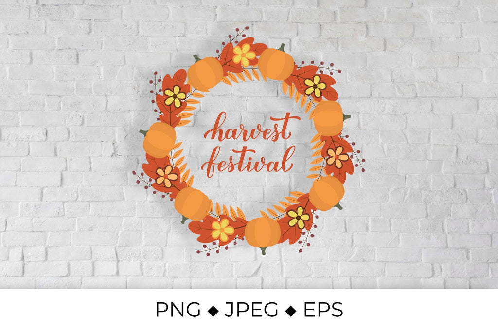 Harvest festival lettering with wreath of colorful autumn leaves - So ...