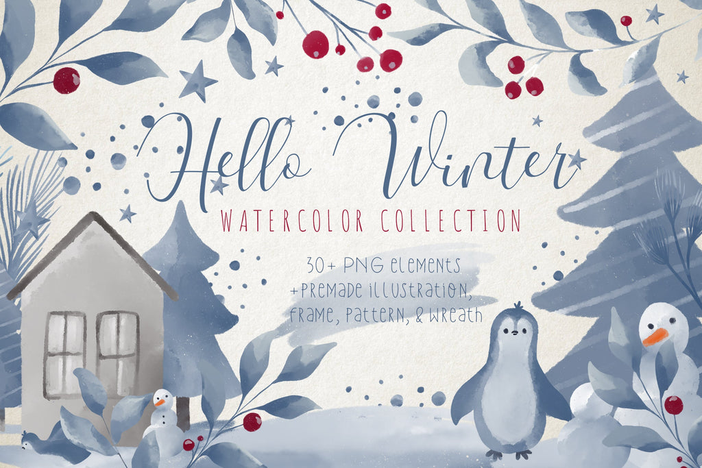 Hello Winter Watercolor Collections, Winter Clipart Bundle - So Fontsy