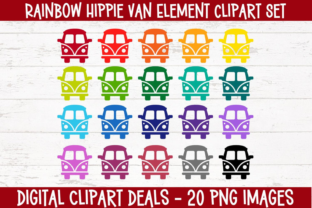 Hippie Van Clipart Element Set - Set of 20 Retro Hippie Van Cliparts ...