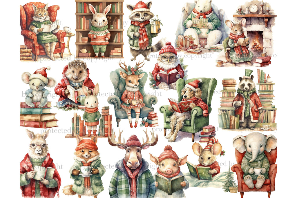 Holiday Reading Animals Clipart | Woodland Illustration PNG - So Fontsy