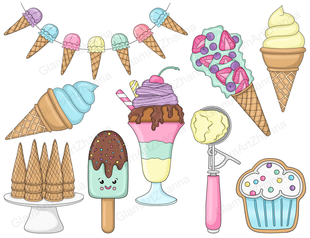 Ice Cream Cone Clipart | Dessert Illustrations Set - So Fontsy
