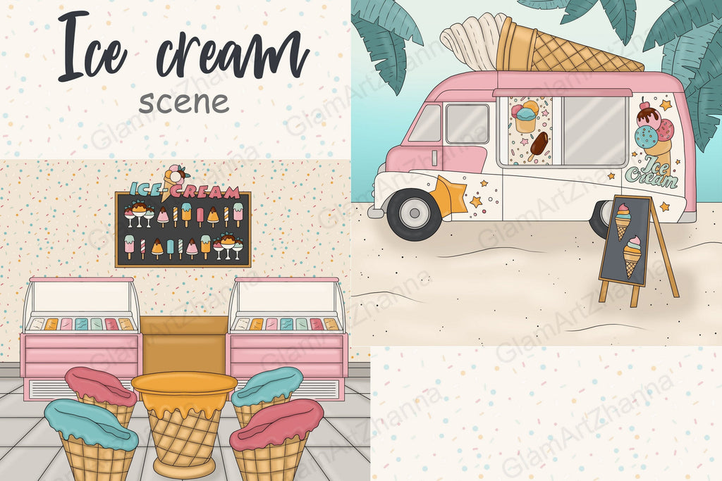 Ice Cream Shop Clipart | Retro Summer Illustration - So Fontsy