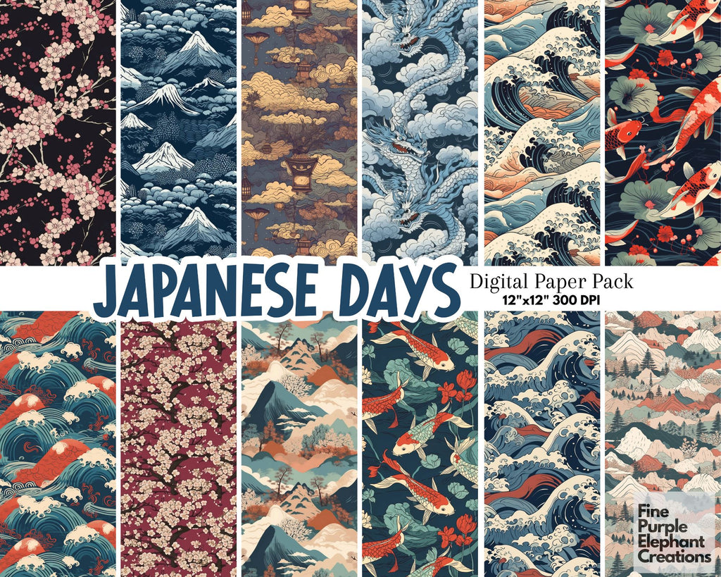Japanese illustrations Digital Paper | Japan Inspired Scrapbook - So Fontsy