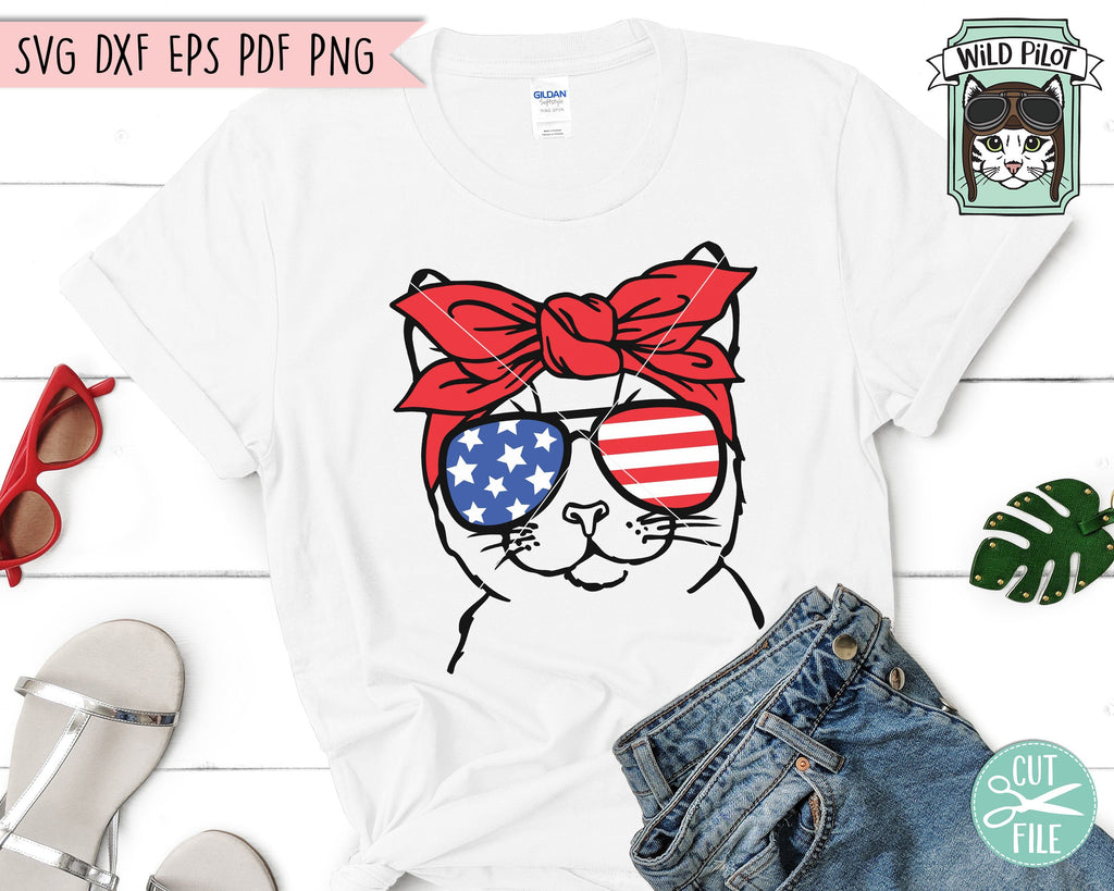 July 4th American Flag Cat With Bandana SVG Cut File - So Fontsy