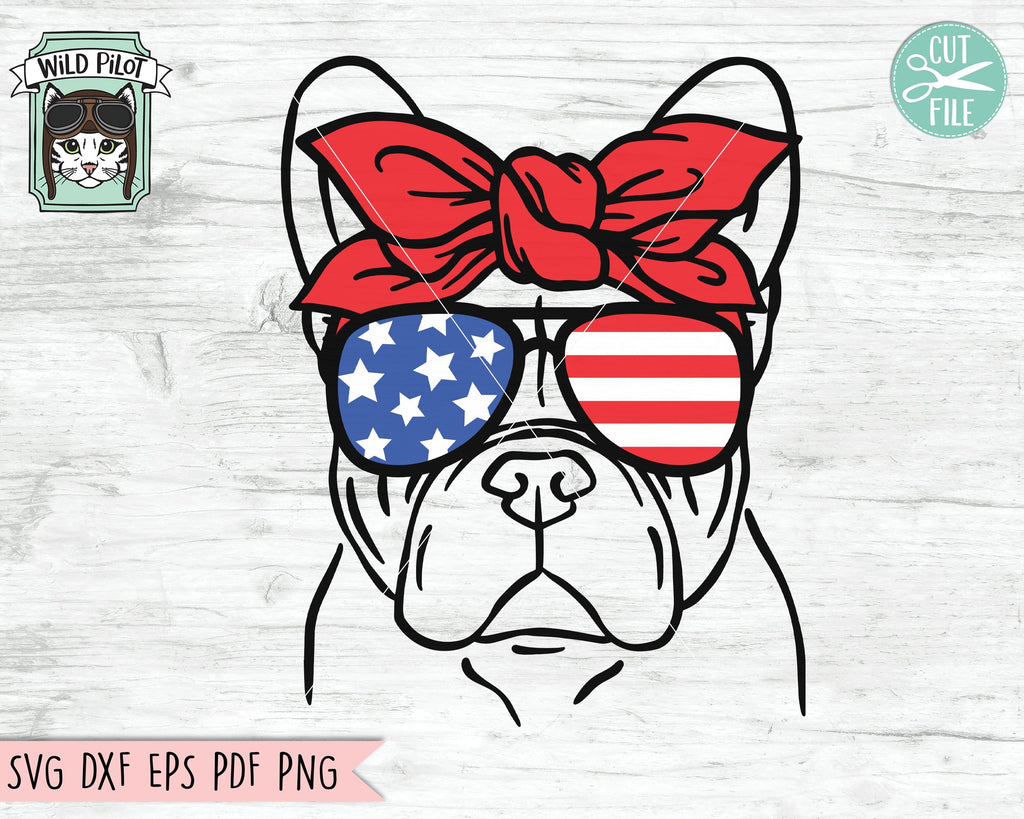 July 4th American Flag French Bulldog Sunglasses SVG Cut File - So Fontsy