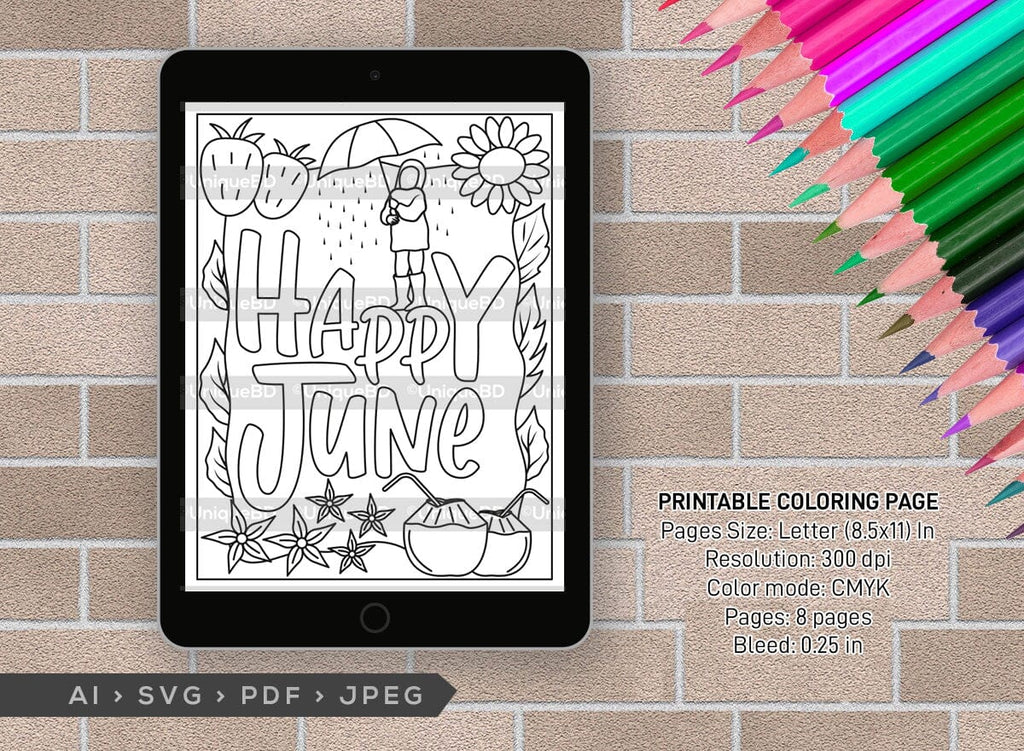 June Month Printable Coloring Page Bundle, PDF Colouring Book, Instant ...