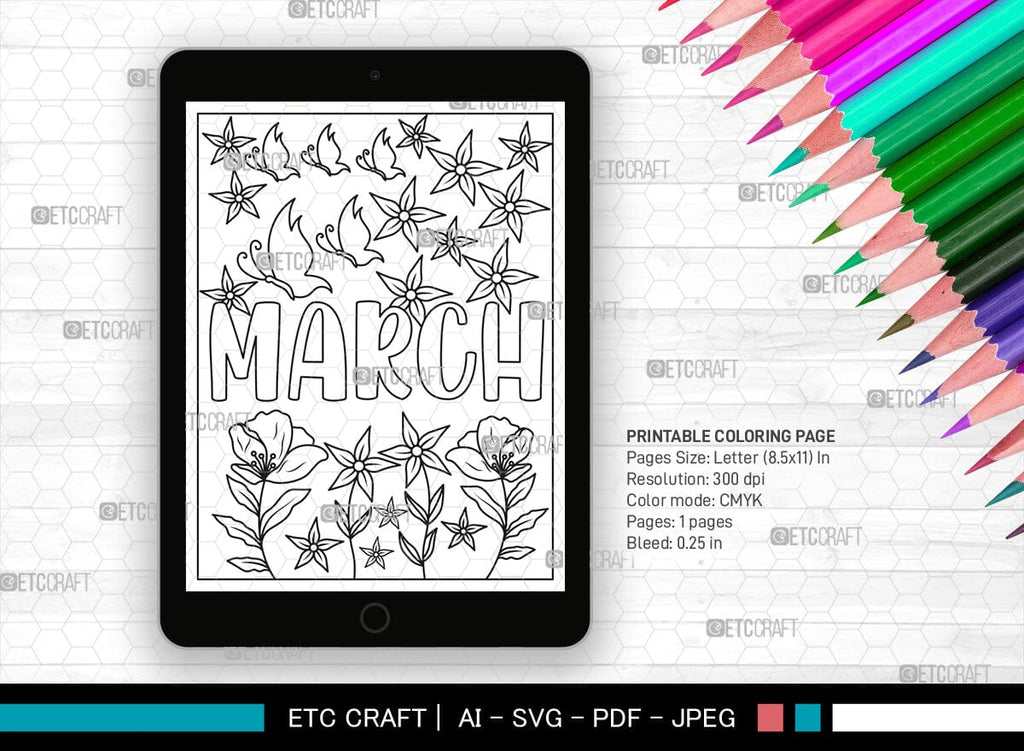 March Month Printable Coloring Page, PDF Colouring Book, Instant ...