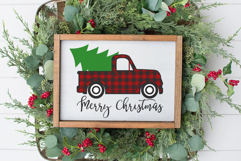 Merry Christmas Buffalo Plaid Christmas Tree Truck - So Fontsy