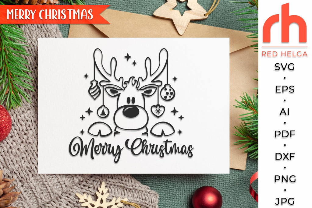 Merry Christmas SVG, Reindeer with Baubles DXF, Xmas Window - So Fontsy