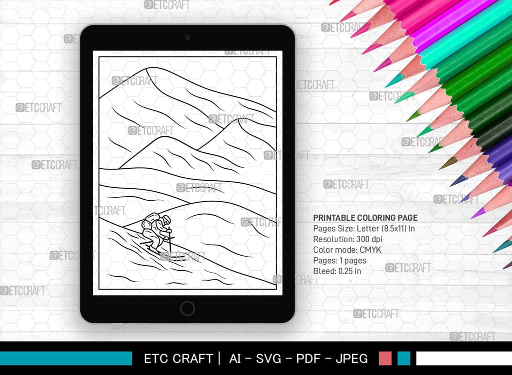 Mountain With Ski Man Printable Coloring Page, PDF Colouring Book ...