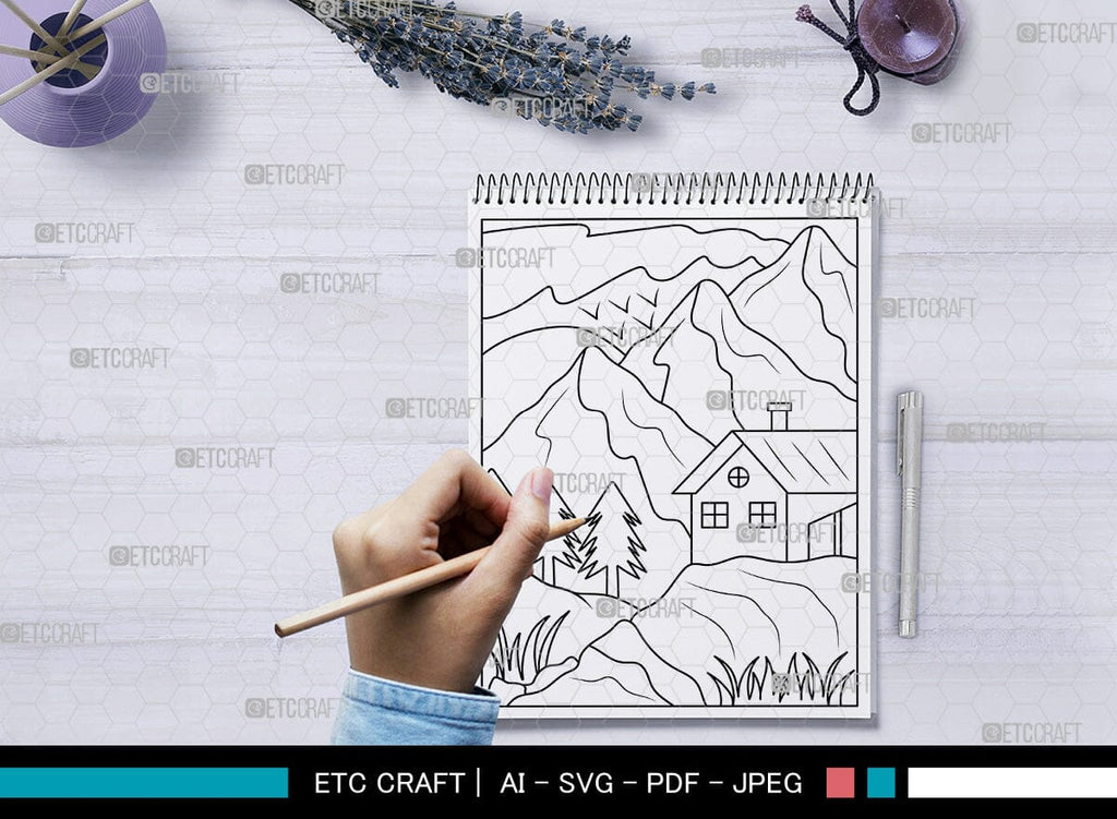 Mountains Behind House Printable Coloring Page, PDF Colouring Book ...