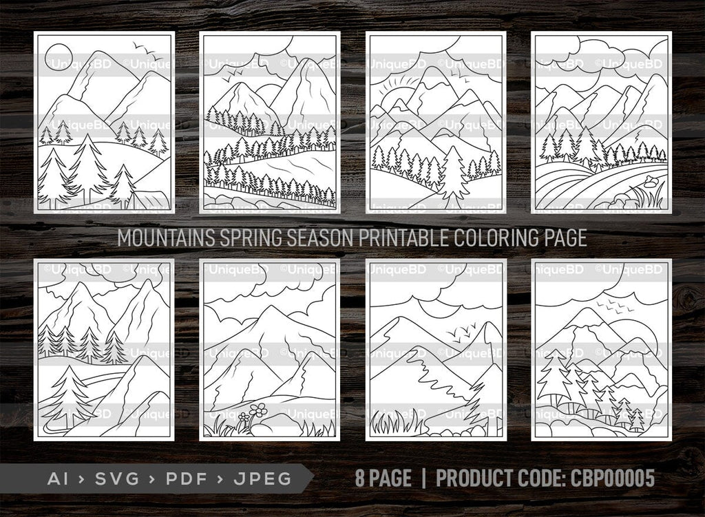 Mountains Spring Season Printable Coloring Page Bundle, PDF Colouring ...