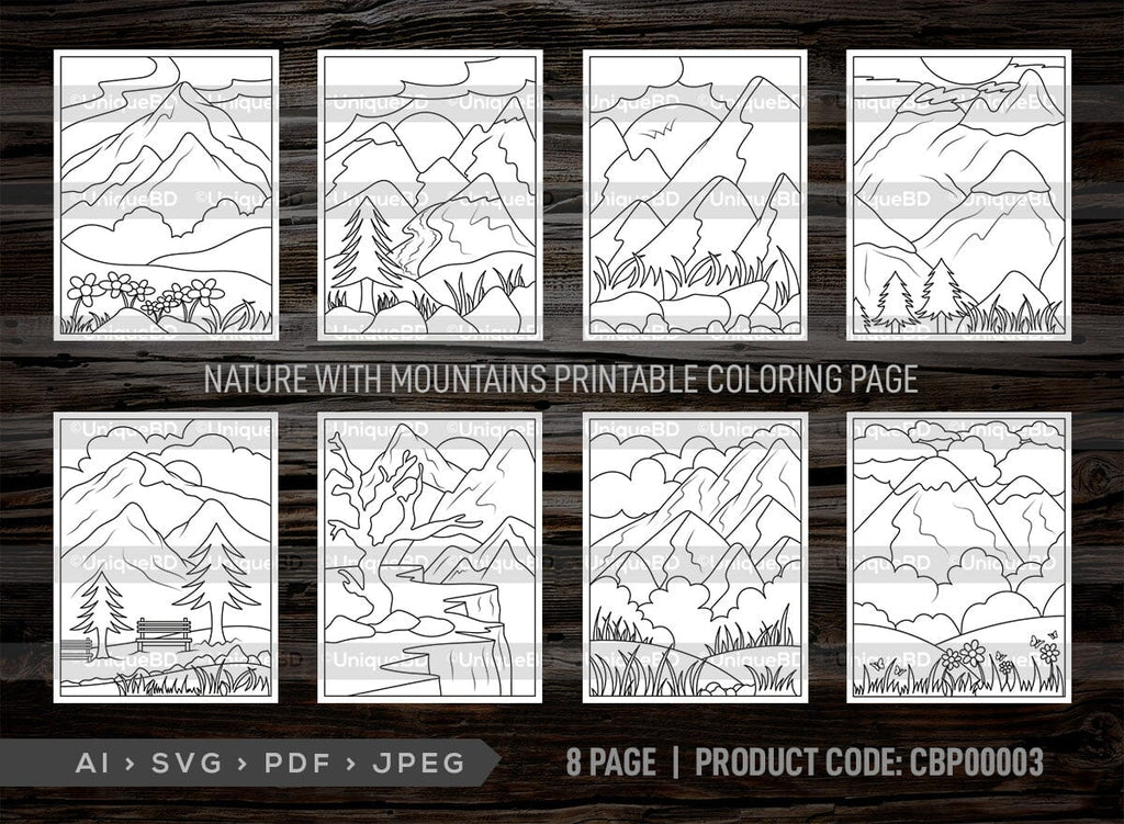 Nature With Mountains Printable Coloring Page Bundle, PDF Colouring ...