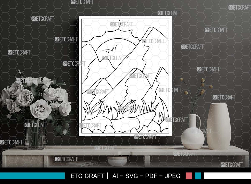 Nature With Mountains Printable Coloring Page, PDF Colouring Book ...